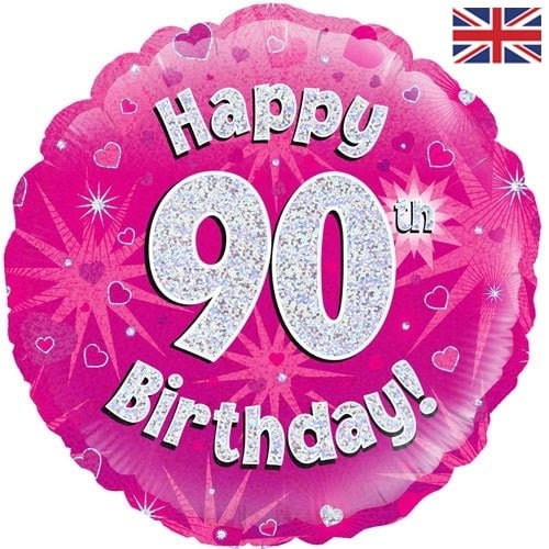 Holographic Pink Happy 90th Birthday Balloon | Helium Balloons Delivered UK